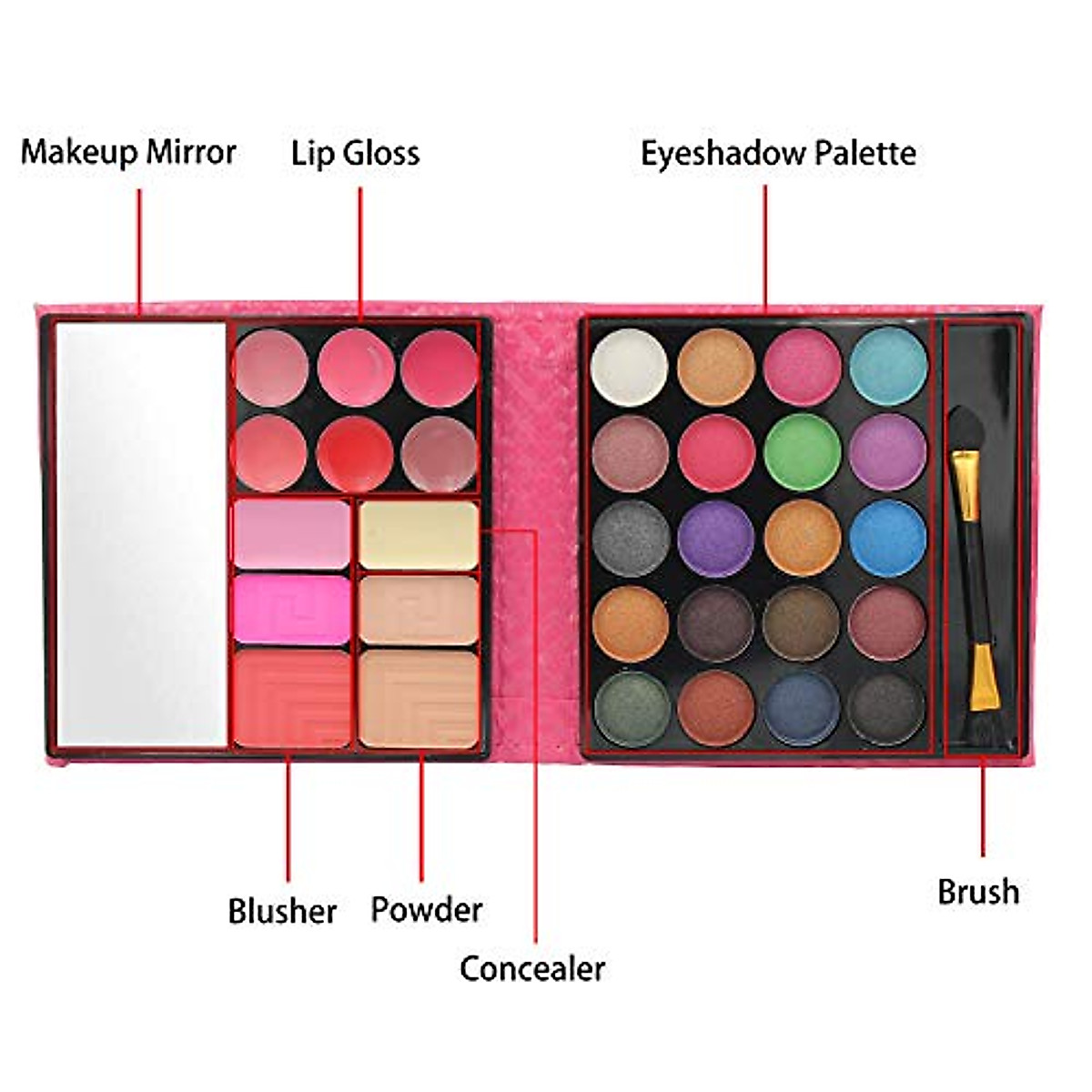 All in one Makeup Kit, Eyeshadow Palette Lip Glosses Blusher Concealer Powder Brush Mirror,Professional makeup kit set for women girls teens or Beginner,32 Color (1Pc) Red