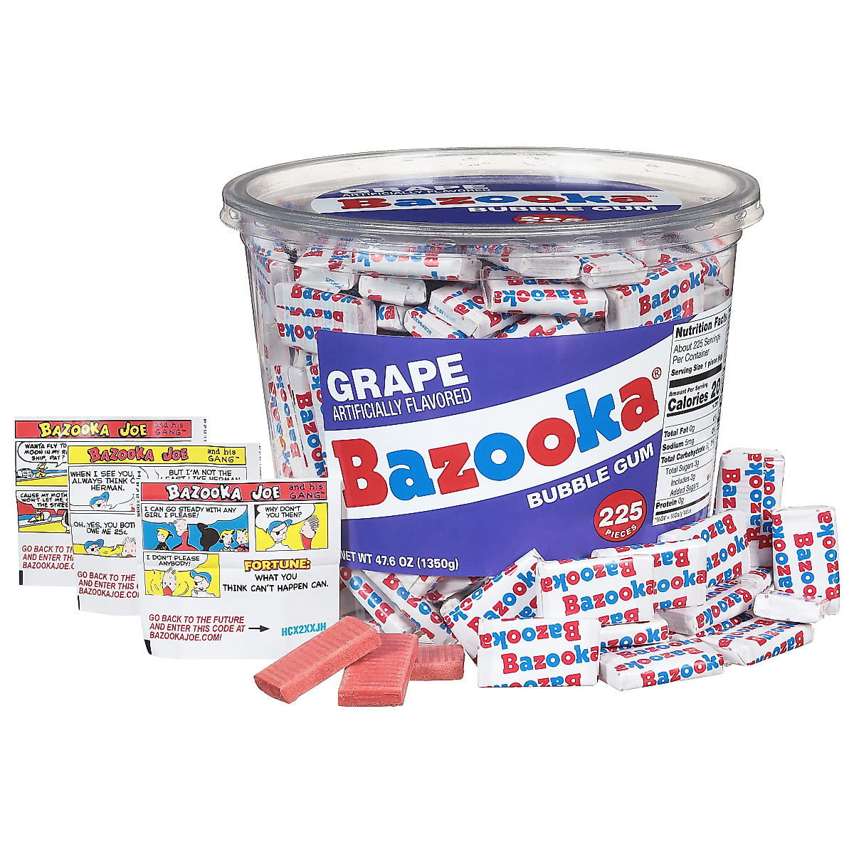 Bazooka Bubble Gum 225 Count Individually Wrapped Chewing Gum - Grape Flavor - Purple Candy Bulk Bubble Gum Tub - Fun Retro Old Fashioned Candy For Birthdays, Parties, And Celebrations