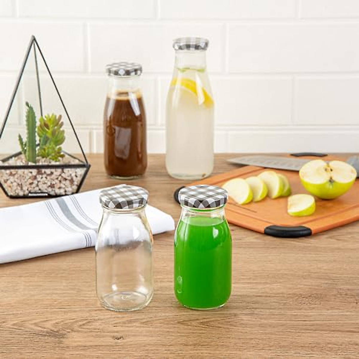 French Countryside 6 Ounce Glass Bottles, 10 Durable Juice Bottles - With Black Plaid Lid, Dishwashable, Clear Glass Countryside Bottles, For Hot And Cold Beverages - Restaurantware