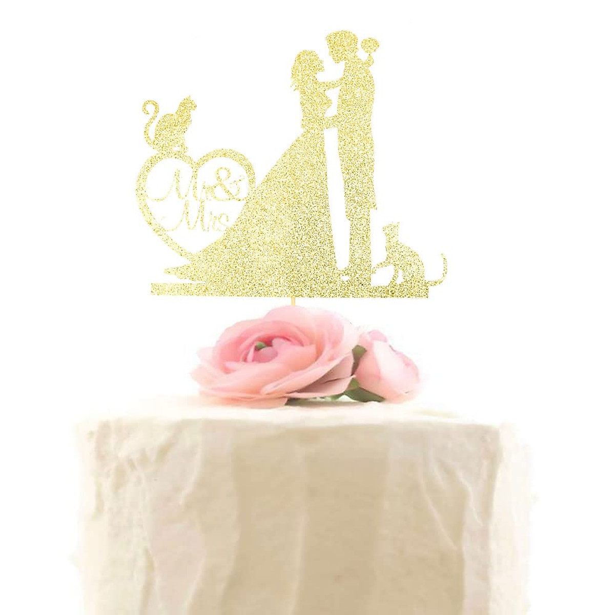 Mr and Mrs Cake Topper, Bride and Groom with Cats Silhouette Wedding Cake Decors, Cats Pet Party Decorations, Gold Glitter