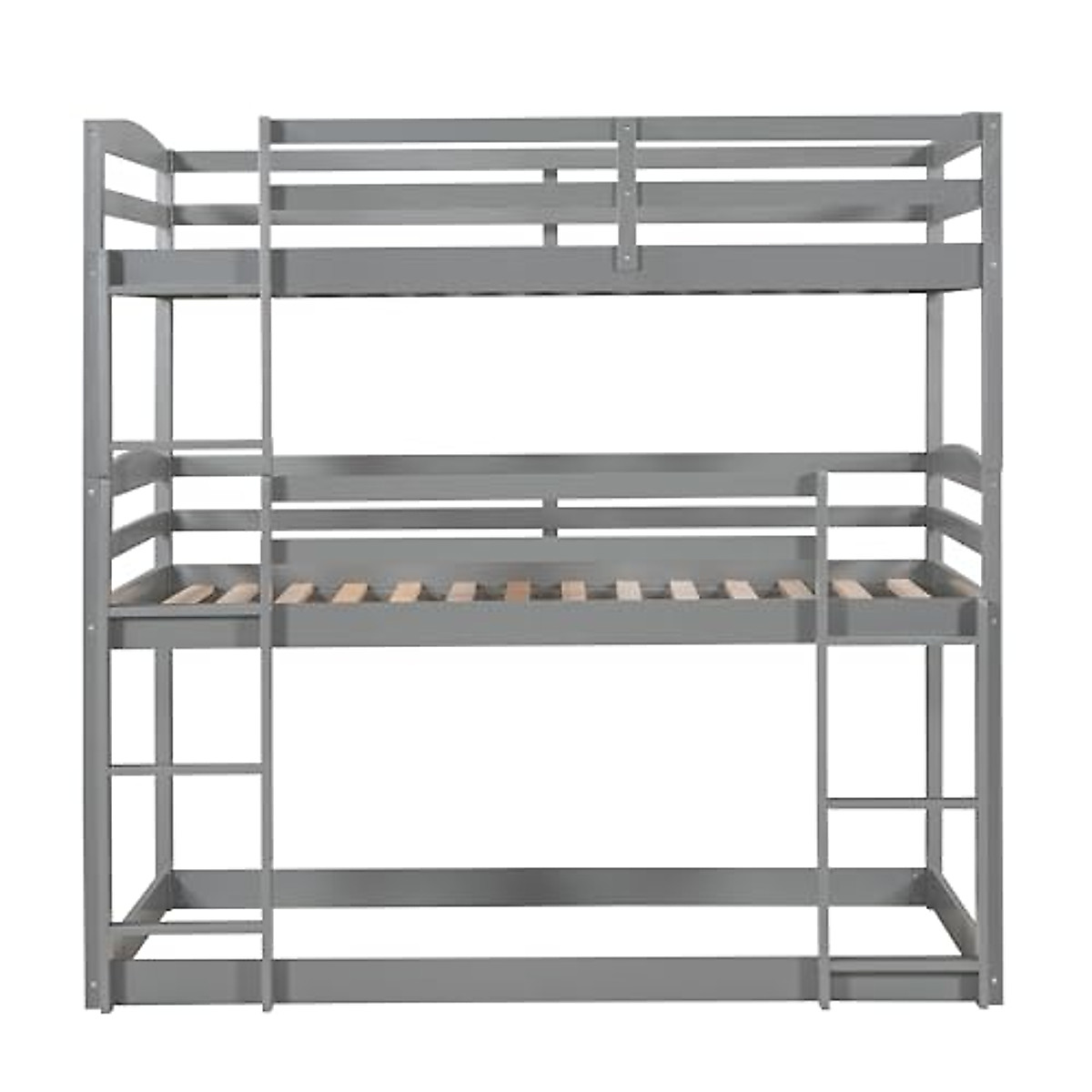 BOVZA Twin Over Twin Over Twin Bunk Bed, Wooden Triple Bunk Bed with Guardrails and Ladders, for Kids and Teens, Gray
