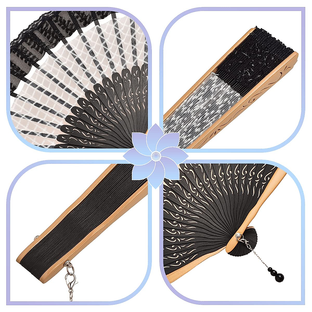 Women Lace Folding Fan Vintage Embroidery Flower Japanese Elegant Wooden Hand Fan for Wedding Party Gift (Black)
