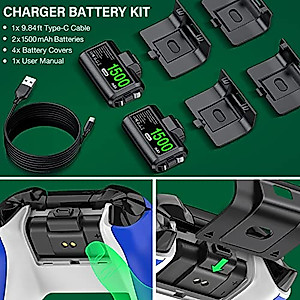 ELISWEEN Rechargeable Controller Battery Pack 2X1500Mah Xbox Battery Pack & 4 Battery Covers, Xbox One Controller Battery Pack with 9.84Ft Type-C Cable for Xbox One S/X/Elite