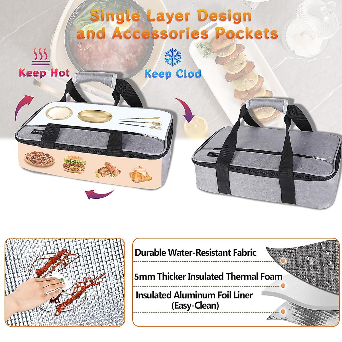 JLYOUNG Insulated Casserole Carrier, Food Carrier Bag for Hot or Cold Lasagna Holder Tote Casserole Carrier Bag for Potluck Parties, Picnic, Beach Fits 9 x 13 Baking Dish-Grey
