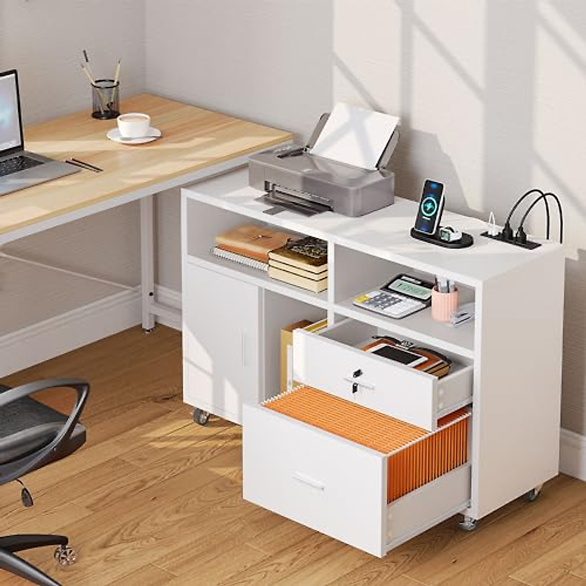 YITAHOME Wood Lateral File Cabinet, 2 Drawer Mobile Storage Cabinet, Fits A4, Letter and Legal Printer Stand with Open Storage Shelves, Modern Filing Cabinet for Home Office, White