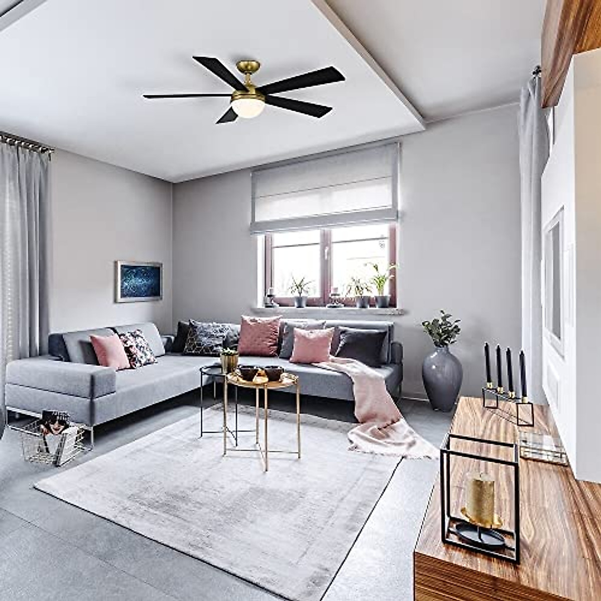 WAC Smart Fans Eclipse Indoor and Outdoor 5-Blade Ceiling Fan 54in Brushed Nickel Titanium with 3000K LED Light Kit and Remote Control works with Alexa and iOS or Android App