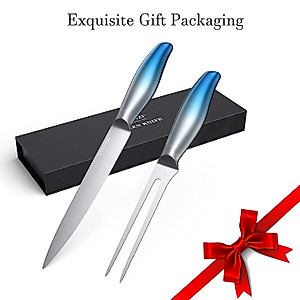 BECOKAY Carving Knife and Fork Set, High Carbon German Steel, 12" Meat Carving Knife and 11" Fork for Outdoor Camping Family Barbecue BBQ Turkey Gift, with Elegant Full Tang Handle (Blue)