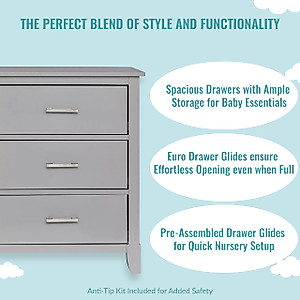 Dream On Me Universal Double Dresser in Pebble Grey, Kids Bedroom Dresser, Six Drawers Dresser, Mid-Century Modern, Made of Solid, Sustainable Pinewood, Easy Assembly