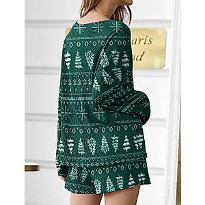 Ekouaer Pajama Set for Women Waffle Knit Lounge Sets Long Sleeve Top and Shorts Matching Loungewear,Christmas Green,L