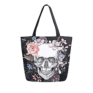 Naanle Day of The Dead Canvas Tote Bag Large Women Casual Shoulder Bag Handbag, Floral Skull Reusable Multipurpose Heavy Duty Shopping Grocery Cotton Bag for Outdoors.