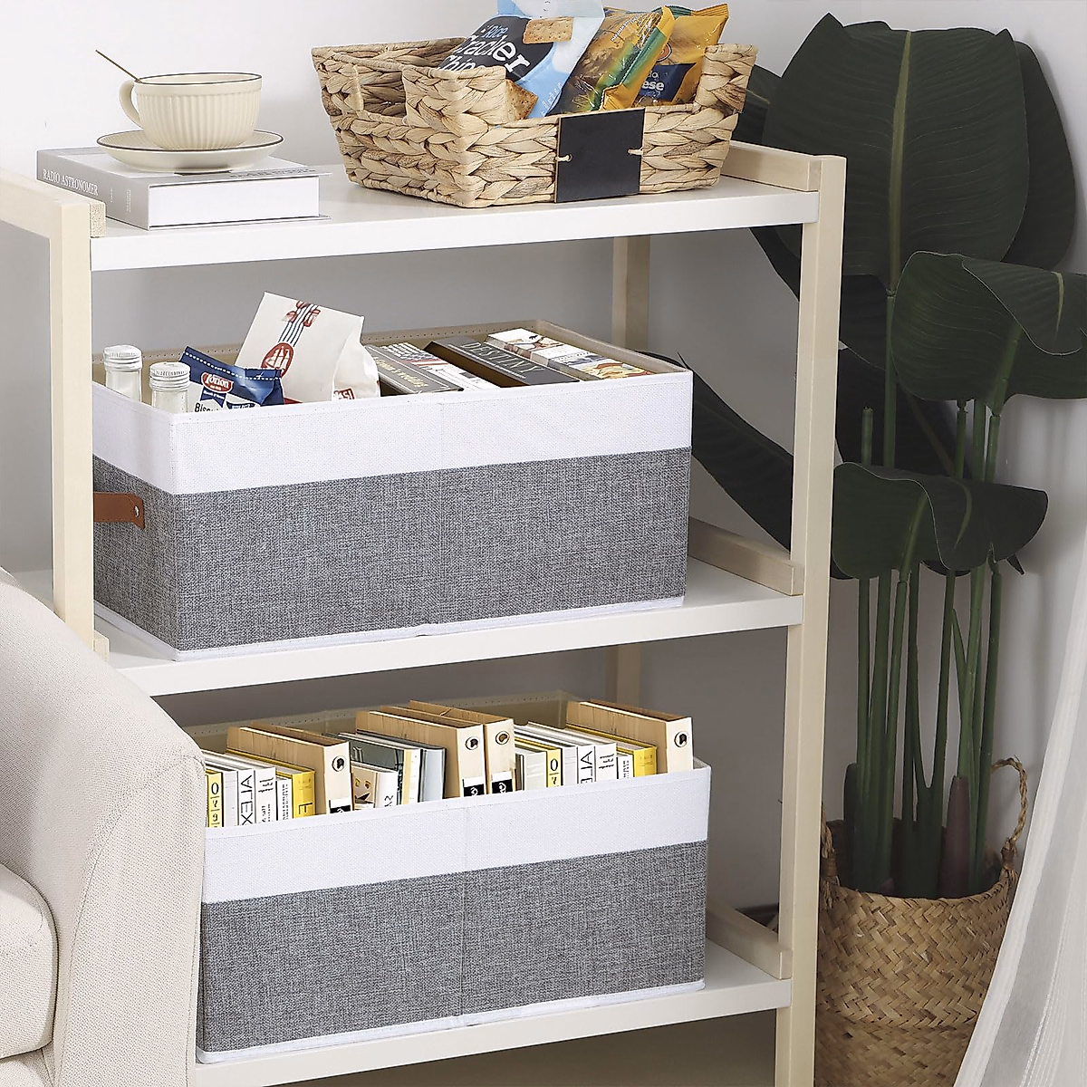 YheenLf Clothing Storage Bins, Closet Bin with Handles, Foldable Storage Baskets, Fabric Containers Storage Boxes for Organizing Shelves, Medium, 4 Pack, White and Grey