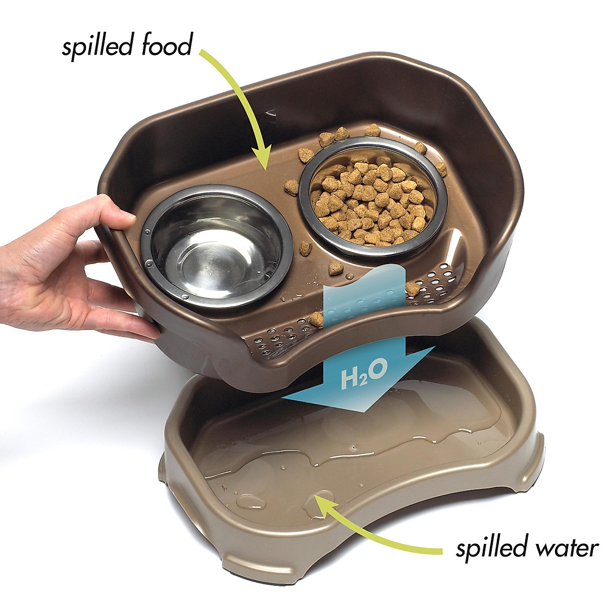 Neater Feeder - Deluxe Model - Mess-Proof Dog Bowls (Medium, Bronze) - Made in USA - Elevated, No Spill, Non-Tip, Non-Slip, Raised Stainless Steel Food & Water Pet Bowls