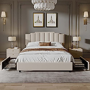 Queen Size Upholstered Platform Bed Frame with 2 Storage Drawers & Adjustable Rivets Headboard, Linen Bed Frame with Extra Dome Bed Canopy for Boys Girls Teens Adults, No Box Spring Needed (Beige)