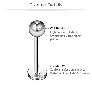 Ruifan 16G Stainless Steel Labret Monroe Lip Ring Tragus Nail Helix Earring Stud Rings Piercing Jewelry 6mm 24PCS