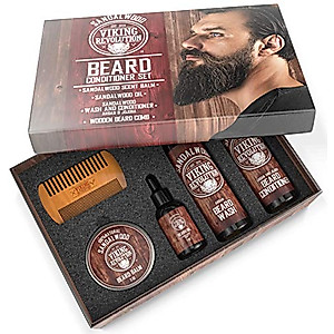 Ultimate Beard Care Conditioner Kit - Beard Grooming Kit for Men Softens, Smoothes and Soothes Beard Itch- Contains Beard Wash & Conditioner, Beard Oil, Beard Balm and Beard Comb- Sandalwood Scent