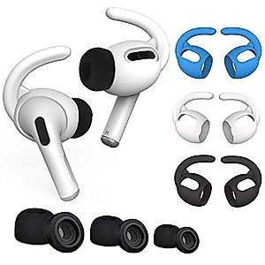 CANOPUS Replacement Earbud Tips and Ear Hooks, 3 Pairs of Black Anti-Slip Memory Foam Tips (S, M, L) + 3 Pairs (White, Black & Blue) of Ear Hooks, Compatible with Apple AirPods Pro