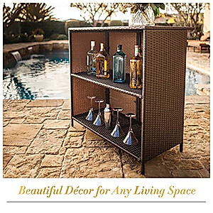 SUNCROWN Outdoor Bar Set 3-Piece Rattan Wicker Patio Furniture, Glass Bar and Two Stools with Cushions and 9 FT Patio Umbrella for Patios, Backyards, Porches, Gardens or Poolside, Sky Blue