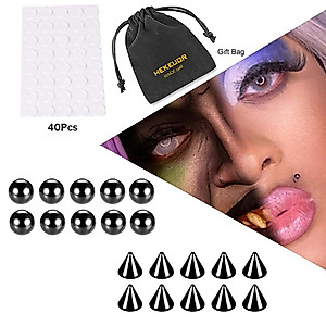 HEKEUOR Fake Nose Lip Eyebrow Non-Piercing Body Jewelry Stainless Steel 5mm Ball/Spike Kit Sticker (Black 5mm)