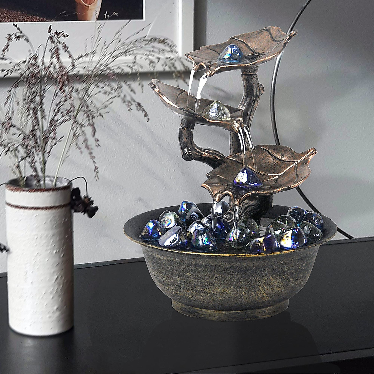 Indoor Water Fountain - 3 Tier Lotus Leaf Tabletop Fountain, Relaxation Min Waterfall for Room Decoration