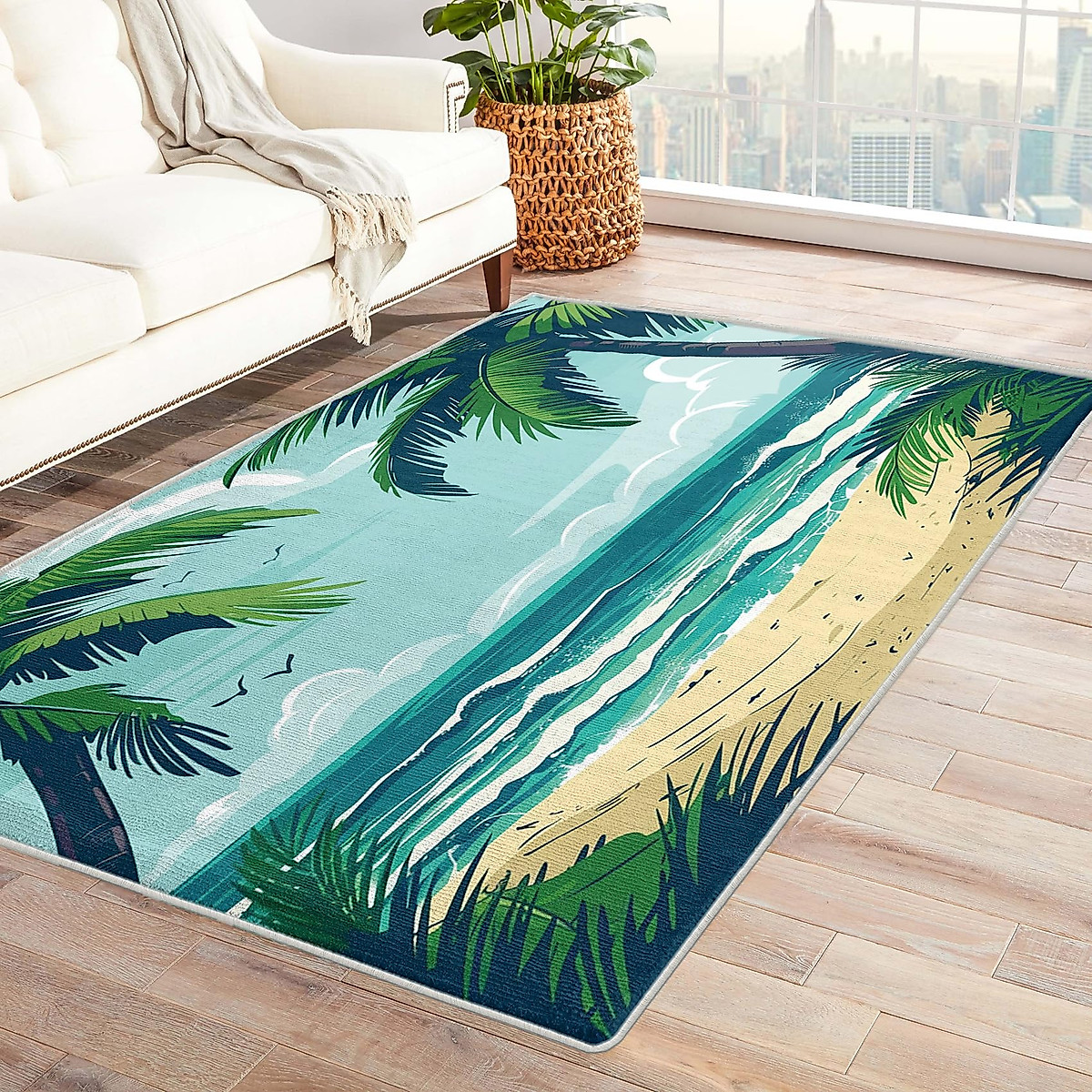 Kcepzhyxl Tropical Ocean Area Rug 2x3, Beach Rug Small Indoor Mats, Palm Trees Carpet for Entryway, Non Slip Soft Low Pile Machine Washable Decor Rugs