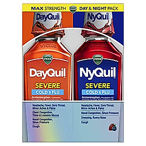 Vicks DayQuil and NyQuil SEVERE Cold & Flu Berry Liquid Medicine, Max Strength Relief for Headache, Fever, Sore Throat, Nasal Congestion, Cough, Combo Pack, 2 x 12 oz Bottles, 1 NyQuil, 1 DayQuil