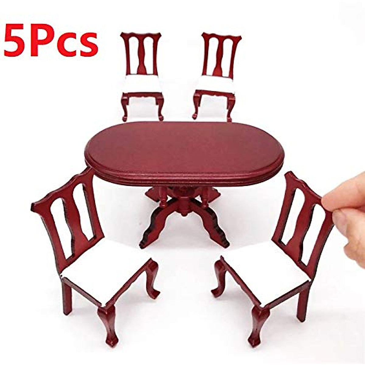 EatingBiting 1:12 Dollhouse Miniature Furniture Red Wooden Dining Table Chairs 5pcs Set 1 Table and 4 Chair Wooden Creative Handcraft Gift for Boys Girls Perfect for Interior Model.
