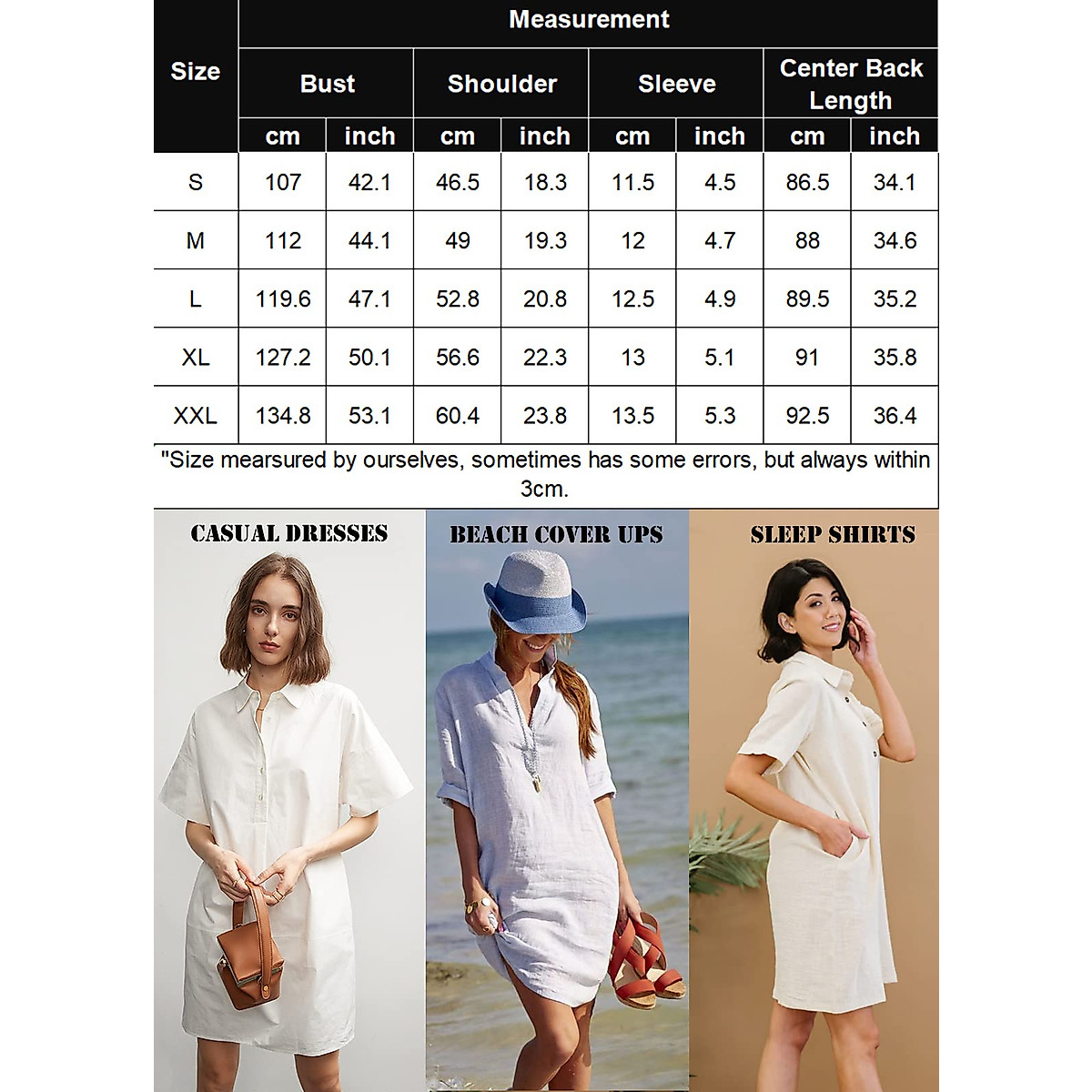 Zeagoo Womens Casual Summer Cotton Drsss Short Sleeve A-line Dress Button Down Beach Sundress with Pockets.Black,Medium