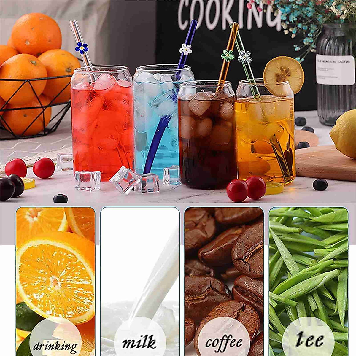 SALIKATE 8 PCS Reusable Glass Drinking Straws, 7.9in X 8mm, Colorful Shatter Resistant Glass Smoothie Straws with Rose Flower,with 2 Cleaning Brushes,for Beverages,Shakes,Juices Transparent S