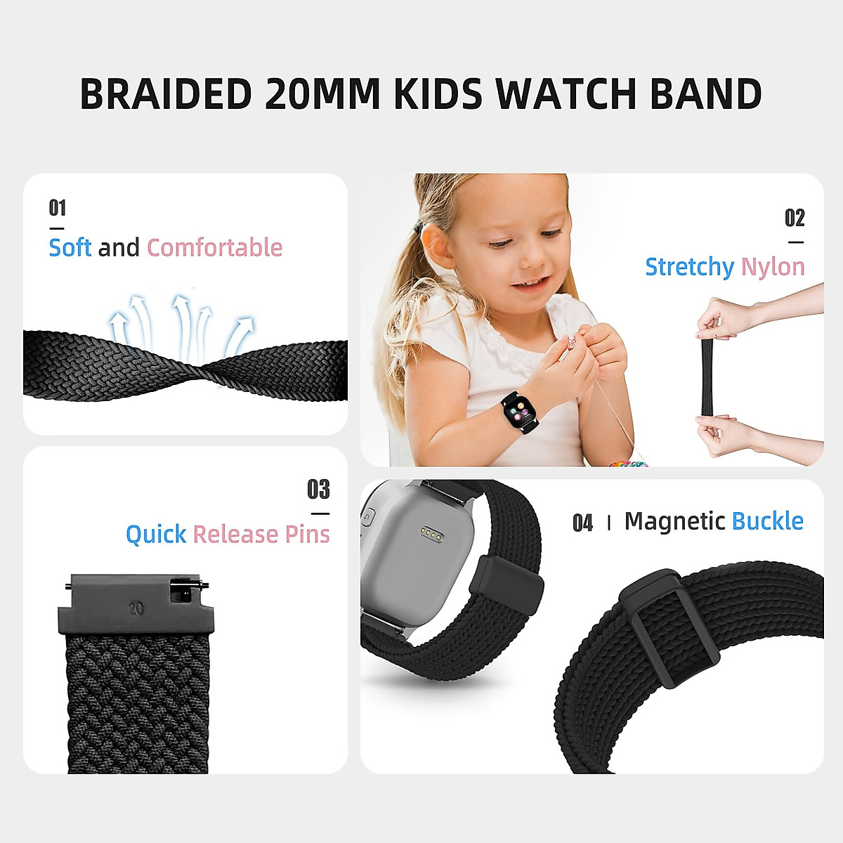 SimpleThings Braided Band Compatible with Cosmo JrTrack 3/Cosmo JrTrack 2 SE/Cosmo JrTrack 2/Cosmo JrTrack Smartwatch, 2Pack Stretchy Nylon Strap with Snap-on Clasp