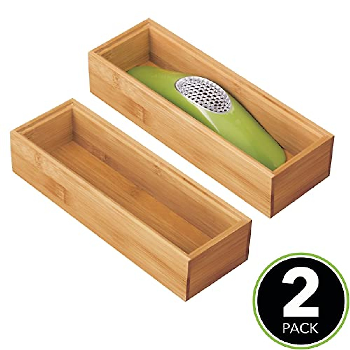 mDesign Wooden Bamboo Kitchen Drawer Organizer Box Tray, Stackable Storage for Drawers, Cabinets, Shelves, Pantry, or Counter, Hold Utensils and Appliances, Echo Collection, 2 Pack, Natural Wood