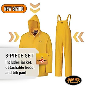 Pioneer Waterproof PVC Work Suit for Men – Repel Rain Gear Yellow Safety Jacket and Bib Pants - 3 PC Set With Detectable Hood