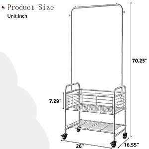 SUOERNUO Laundry Basket with Wheels Rolling Laundry Hamper Laundry Sorter Cart Shelf Hanging Rack,Grey