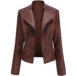 chouyatou Women's String Quilted Shoulder Oblique Zip Moto Pu Leather Biker Jacket (Small, Coffee)