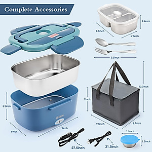 Electric Lunch Box Food Heater with Dual 1.5L Containers, 80W Leakproof Portable Heated Lunch Box for Adults Truck Work, 12V/24V/110V Heating Lunch Box with SS Fork Spoon, Sauce Box and Insulated Bag