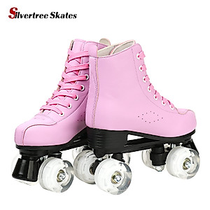 Women's Roller Skates PU Leather High-top Roller Skates Four-Wheel Roller Skates Shiny Roller Skates with Carry Bag for Girls (Pink Flash Wheel,US:9)