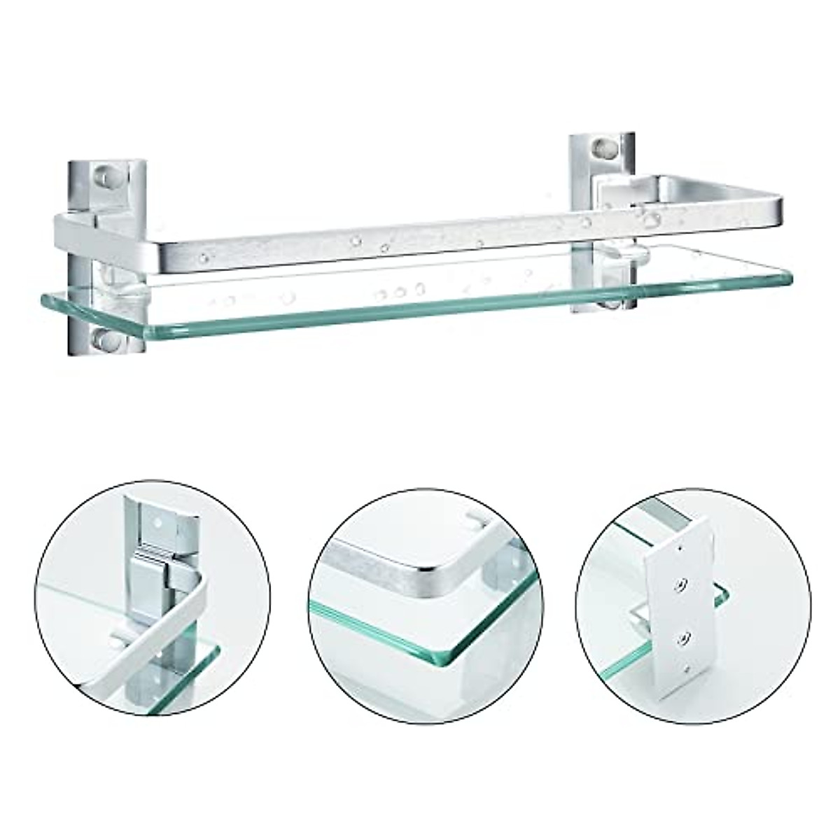 AIJALY 3 Pack Bathroom Glass Shelf,Aluminum Tempered Glass 0.34in Extra Thick Rectangular 1 Tier Storage Organizer Wall Mount,Silver 15.7in