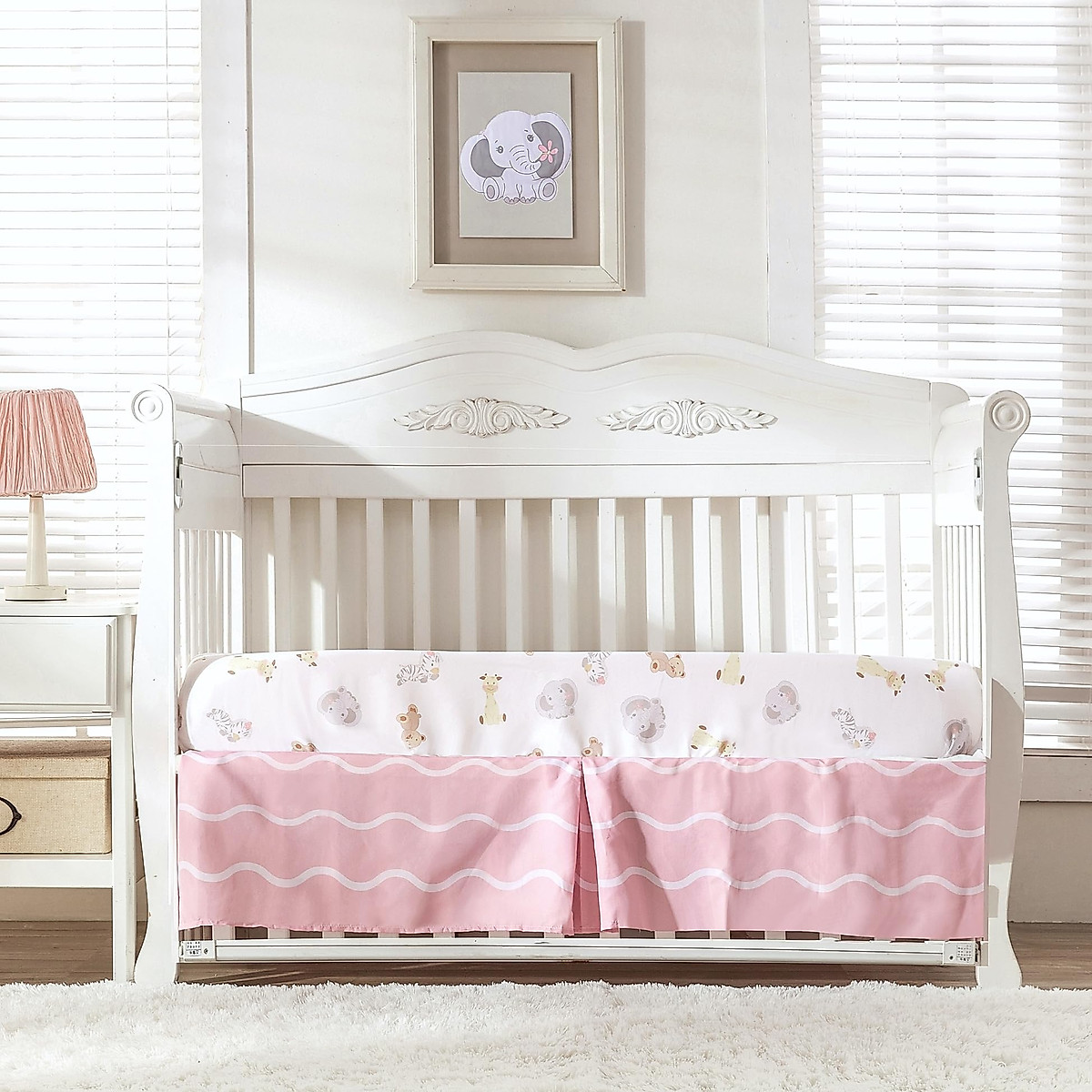Baevellery Crib Bedding Set for Girls 3Piece Jungle Elephant Baby Girl Crib Bedding Set Nursery Crib Set for Baby Girl - Fitted Sheet Crib Comforter Crib Skirt