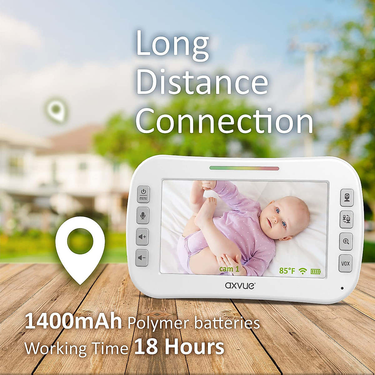 Axvue Video Baby Monitor, Comfortable Slim Design Handheld Enclosure, 4.3" Screen Monitor & 2 Camera, Range up to 1000ft, 12 Hour Battery Life, 2-Way Talk, Night Vision, Temperature Monitor, No WiFi.