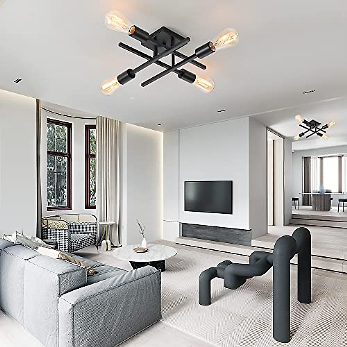 IHENGYANLT2 Pack Industrial 4-Light Semi Flush Mount Ceiling Light Fixture, Modern Sputnik Ceiling Lamp with E26 Base Farmhouse Chandelier Light Matte Black for Kitchen Bedroom Hallway. (2 Pack)