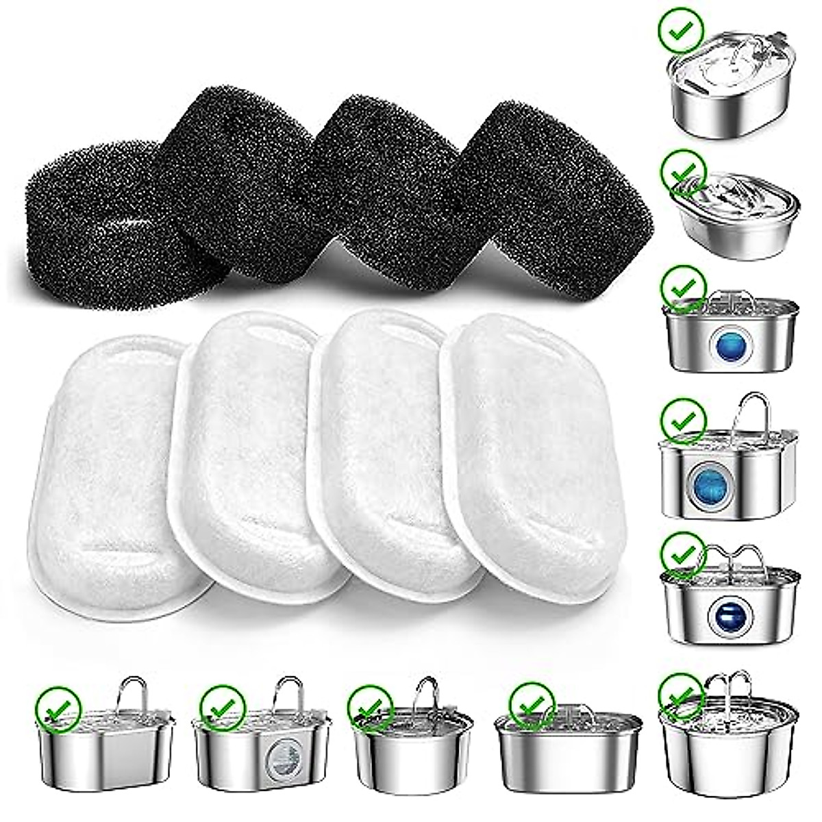 SOOFPET Cat water fountain filter, 8-pack of filters(Carbon Filters + Foam Filters), Replacement Filters for 108oz/3.2L Stainless Steel Cat Water Fountain