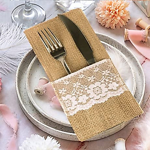 FQTANJU 50 PCS 4"x8" Hessian Burlap Lace Wedding Cutlery Holder Pouch Rustic Decorations Favor