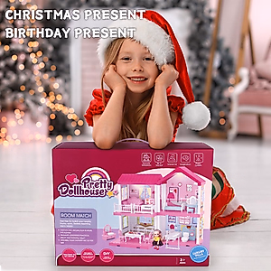 Elf Lab Dollhouse Building Toys, Princess Doll House, Playset with Lights, Furniture, Accessories and Dolls, Cottage Pretend Doll House Set, Creative Present for Girls Toddlers (4 Rooms)