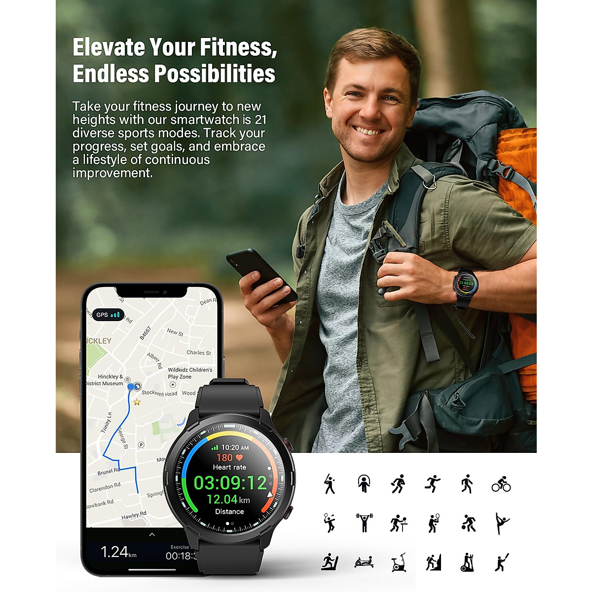 GPS Smart Watch for Men Women, Rugged Outdoor Watch with GPS and Compass, Fitness Tracker with Heart Rate Blood Oxygen Sleep Monitor, IP68 Waterproof, 1.32" Touch Screen, Compatible Android iOS iPhone