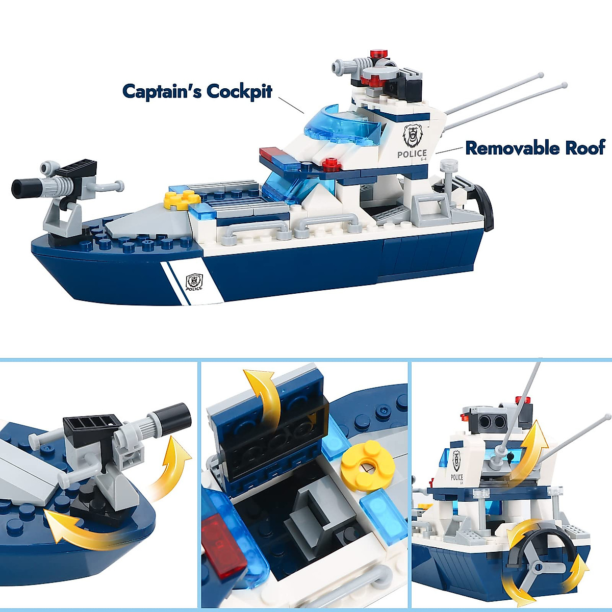 COGO MAN City Police Patrol Boat Building Blocks with Race Boat, Coast Guard Ship Cop Chase Crook Boat Building Toys, Police Toy Gift for Boys Kids Aged 6-12, 285 Pieces