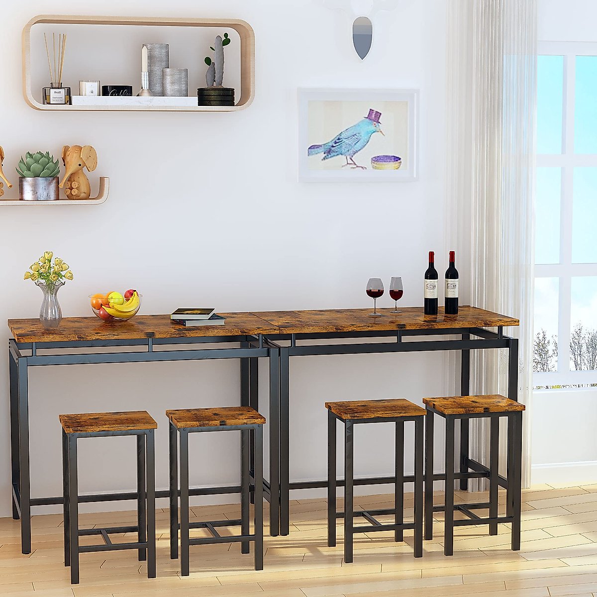 AWQM Bar Table and Stools Set, Rectangle Dining Table Set for 4, Industrial Counter Height Kitchen Bar Table and Chairs Set for Breakfast Nook, Restaurant, Apartment, Small Spaces - Rustic Brown