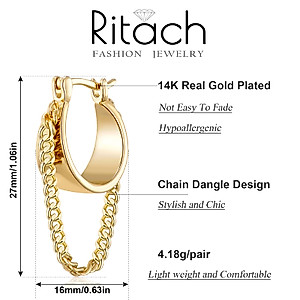 Ritach 925 Sterling Silver Small Huggie Hoop Earrings for Women Trendy 14K Gold Plated Chain Hoop Flower Dangle Drop Earrings