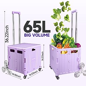 Honshine Foldable Cart with Stair Climbing Wheels, Collapsible Rolling Crate with Telescoping Handle, Handcart for Grocery Book File Tool Art Supplies(Lavender)