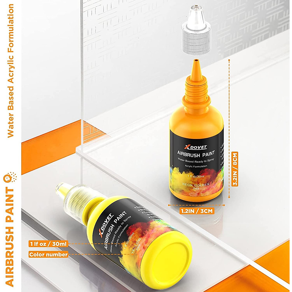 XDOVET Airbrush Paint, 18 Colors Airbrush Paint Set (30 ml/1 oz), Ready to Spray, Opaque & Neon Colors, Water-Based, Premium Acrylic Airbrush Paint Kit for Beginners, Hobbyist and Artists