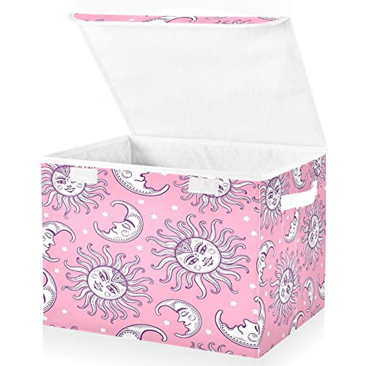Kigai Storage Basket Pink Sun Moon Storage Boxes with Lids and Handle, Large Storage Cube Bin Collapsible for Shelves Closet Bedroom Living Room, 16.5x12.6x11.8 In