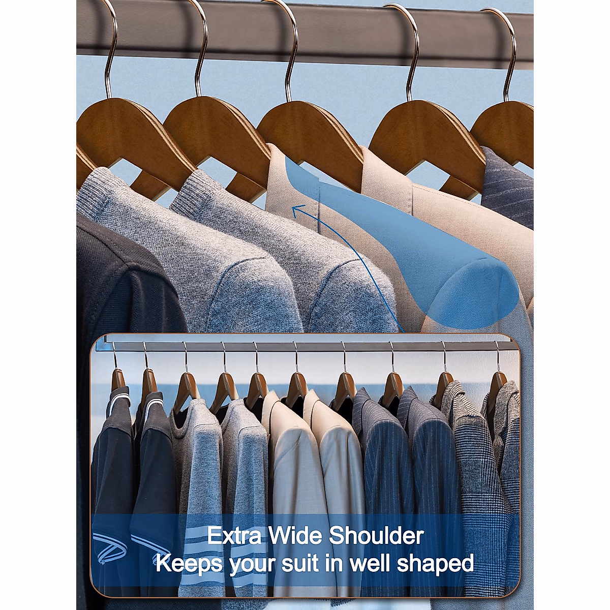 HOUSE DAY 19'' Extra Wide Shoulder Wooden Hangers 6 Pack, Premium Large Wood Suit Hangers with Non Slip Pant Holder, Wide Shoulder Hangers for Suits, Coats, Jackets, Heavy Wide Clothes Hanger, Walnut